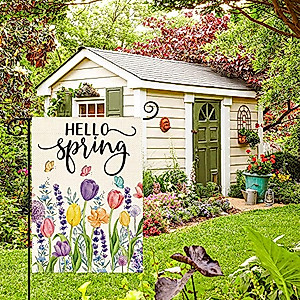 AVOIN colorlife Hello Spring Tulip Lavender Garden Flag 12 x 18 Inch Double Sided, Seasonal Flower Yard Outdoor Flag