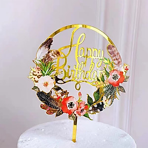 Zilphoba 12pcs Happy Birthday Cake Toppers, Flower Acrylic Gold Birthday Party Cupcake Decorations
