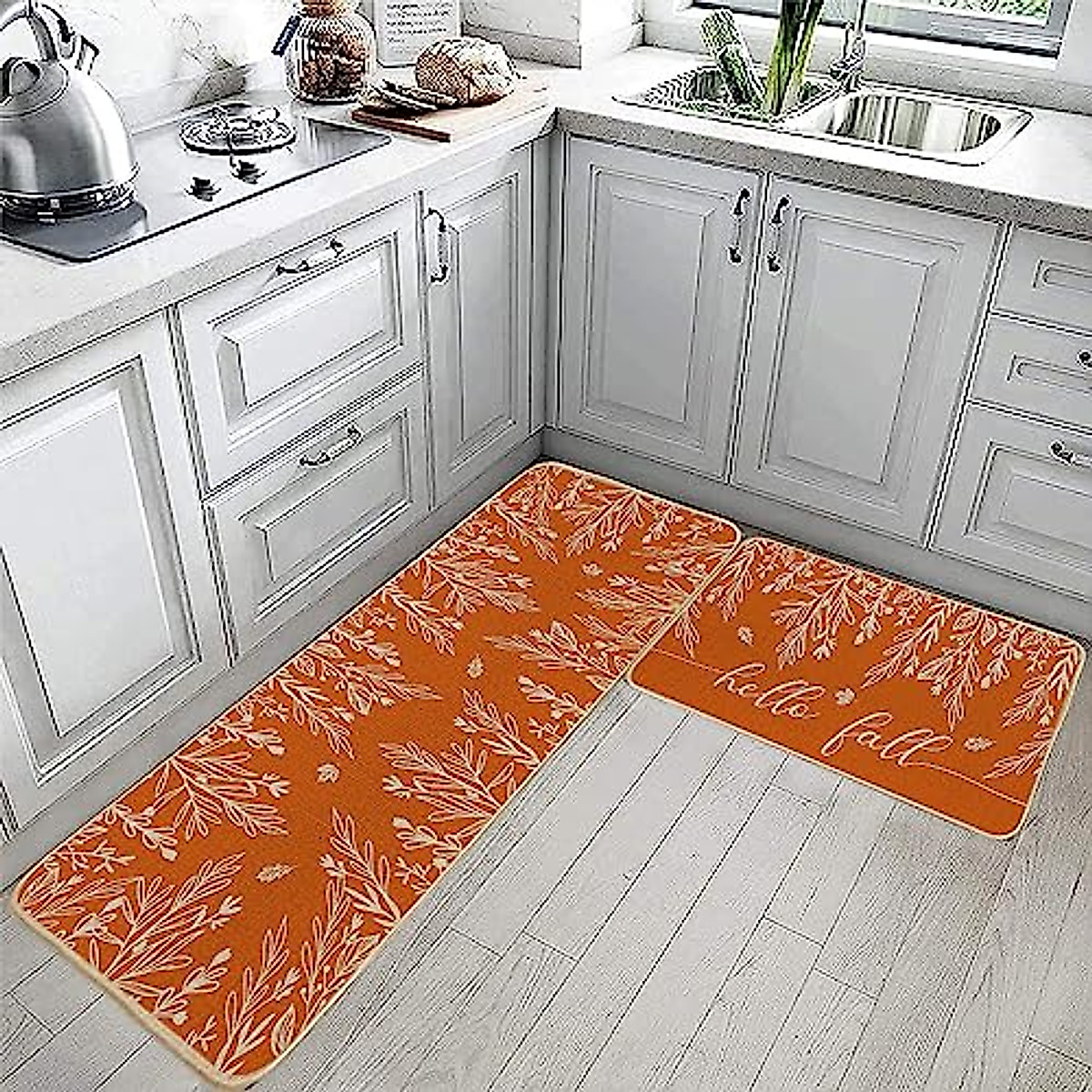 GEEORY Fall Kitchen Mats, Set of 2 Leaves Hello Fall Floor Mat Farmhouse Seasonal Holiday Party Decorative Home 17x29 and 17x47 Inch (Orange) GK066