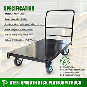 DMC-FPPS Steel Platform Truck/Smooth Deck Platform Truck Industrial Push Cart 48" L x 30" W Portable Dolly Large Flatbed with 8" Wheels 1000lb Capacity, Black