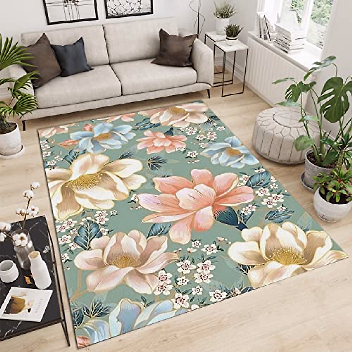 Cttelun Pink White Flowers Area Rug, Fashion Abstract Classic Indoor Rug, Living Room Rug Decorative Warm Non-Slip Machine Washable for Bedroom Children's Room Study Office Corridor - 35" W x 24" L