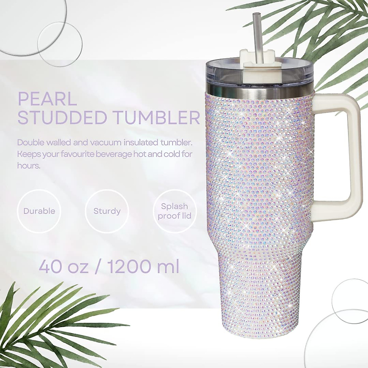 cuteolivia 40 Oz Tumbler With Handle Studded Tumbler With Lid and Straw Insulated Stainless Steel Double Wall Water Cup Travel Mug Water Bottle Tumblr For Women (40 oz 1200 ml, White)