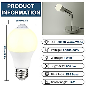 Motion Sensor Light Bulbs - 9W (60W Equivalent) E26 Motion Activated LED Light Bulb 3000K Warm White Dusk to Dawn Security Bulb Auto On Off Indoor Outdoor for Front Door Porch Basement Closet(2 Pack)