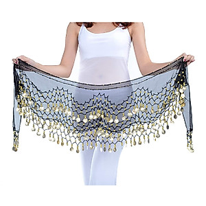 Lauthen.S 128 Coins Belly Dance Hip Scarf Tribal Belt Halloween Genie Costume Accessory Black