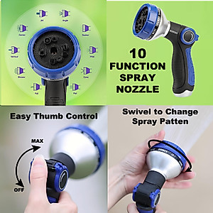 YOTOO Polyurethane Recoil Garden Hose 3/8 in. x 50 ft, Heavy Duty Garden Hose with Spray Nozzle, Bend Restrictor, G3/4" Swivel Solid Brass Fitting, Blue