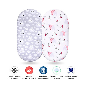 BREALIZE – Baby Bassinet Sheet, 100% Jersey Cotton – 2 Pack – 32 x 16 x 4 inches, Universal Fitted Bassinet Sheets for Baby Girls and Boys with Cloud and Bear Pattern – Color Grey and White