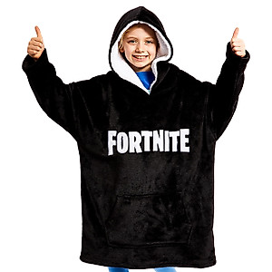 FORTNITE Oversized Hoodie Blanket Kids Fleece Extra Long Wearable Blanket Hooded Poncho Boys Girls Teens 14+ (Black)