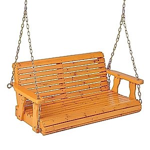 Tangkula 2 Person Hanging Porch Swing, Outdoor Bench Swing with Adjustable Chains, High Back, Cozy Armrests, Wooden Tree Swing Chair for Patio Backyard Deck Garden (Natural)