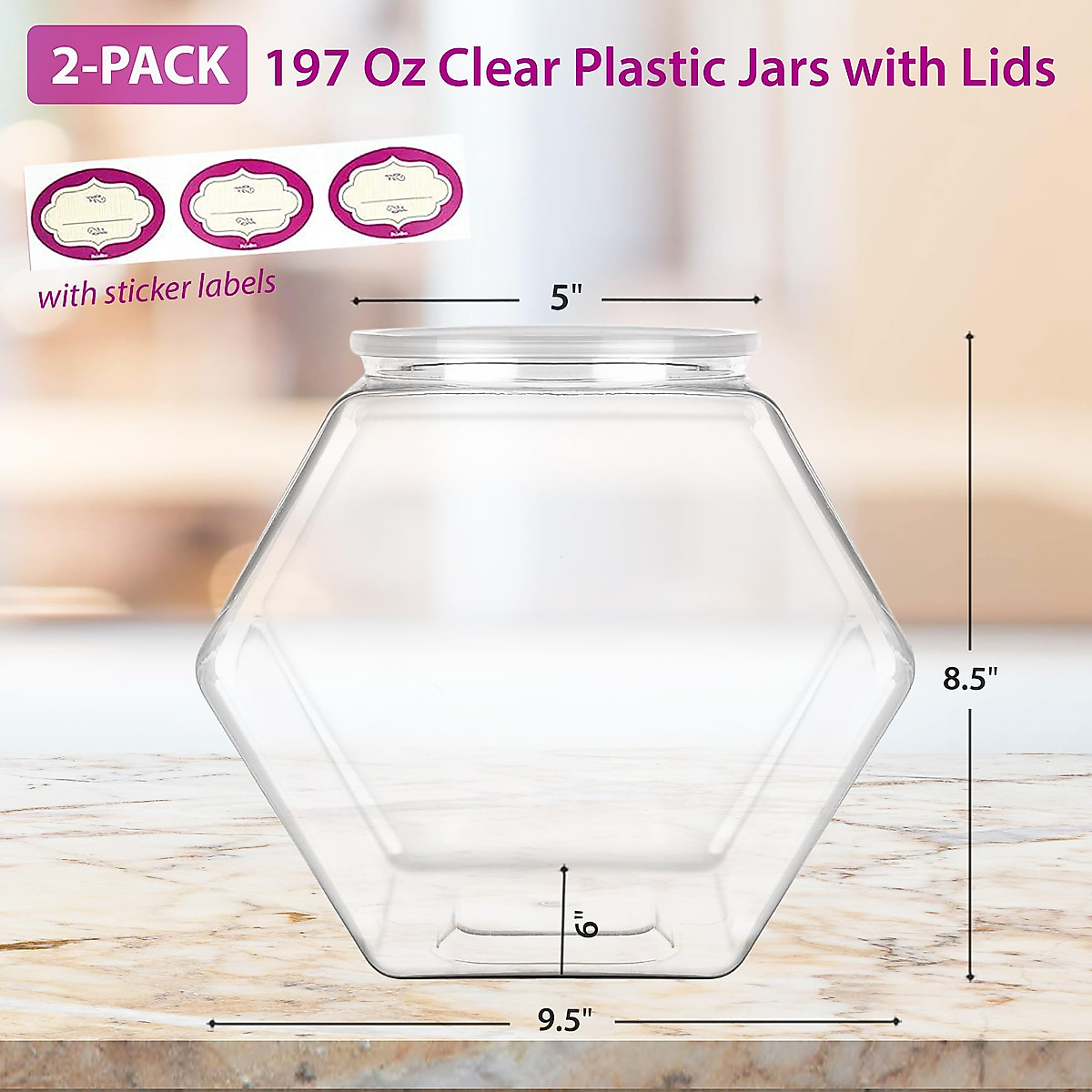 DilaBee Plastic Cookie Jars with Airtight Lids - 2 Pack - Clear Plastic Candy Jars for Candy Buffet, Kitchen Counter, Hexagon Food Storage Containers - 197oz