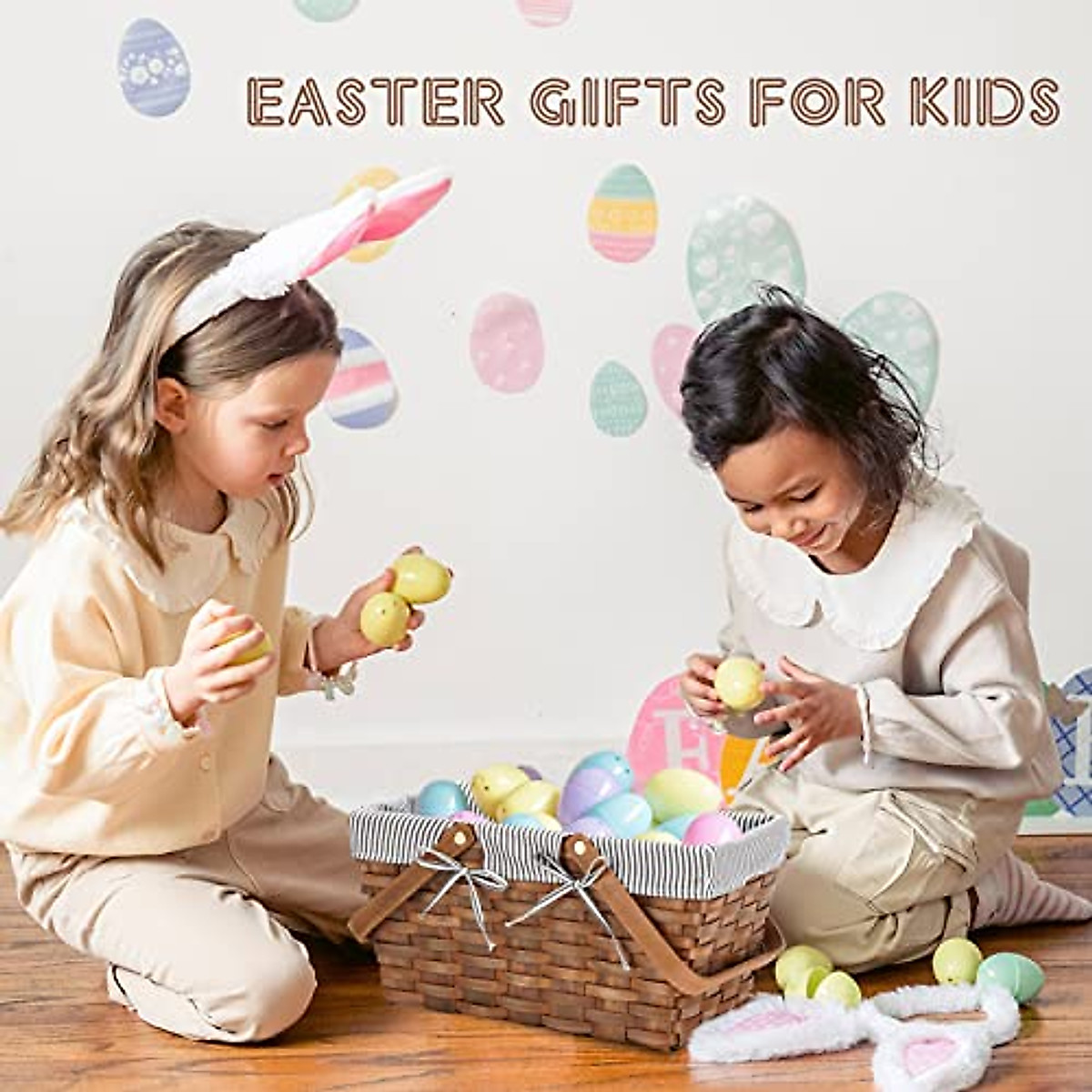 Woodchip Picnic Basket with Double Folding Handles, Natural Hand Woven Basket, Eggs Candy Basket for Easter, Kids Toy Storage Basket, Wedding Flower Girl Baskets for Valentine Day, Birthday, Grey