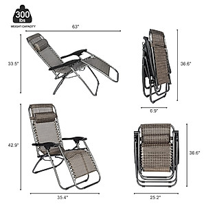 LUCKYERMORE Adjustable Textilene Zero Gravity Chairs Set of 2, Diamond Design Outdoor Folding Reclining Lounge Chair with Pillow, Hold up to 300 LBS, Patio Recliners for Pool Beach, Grey and Brown