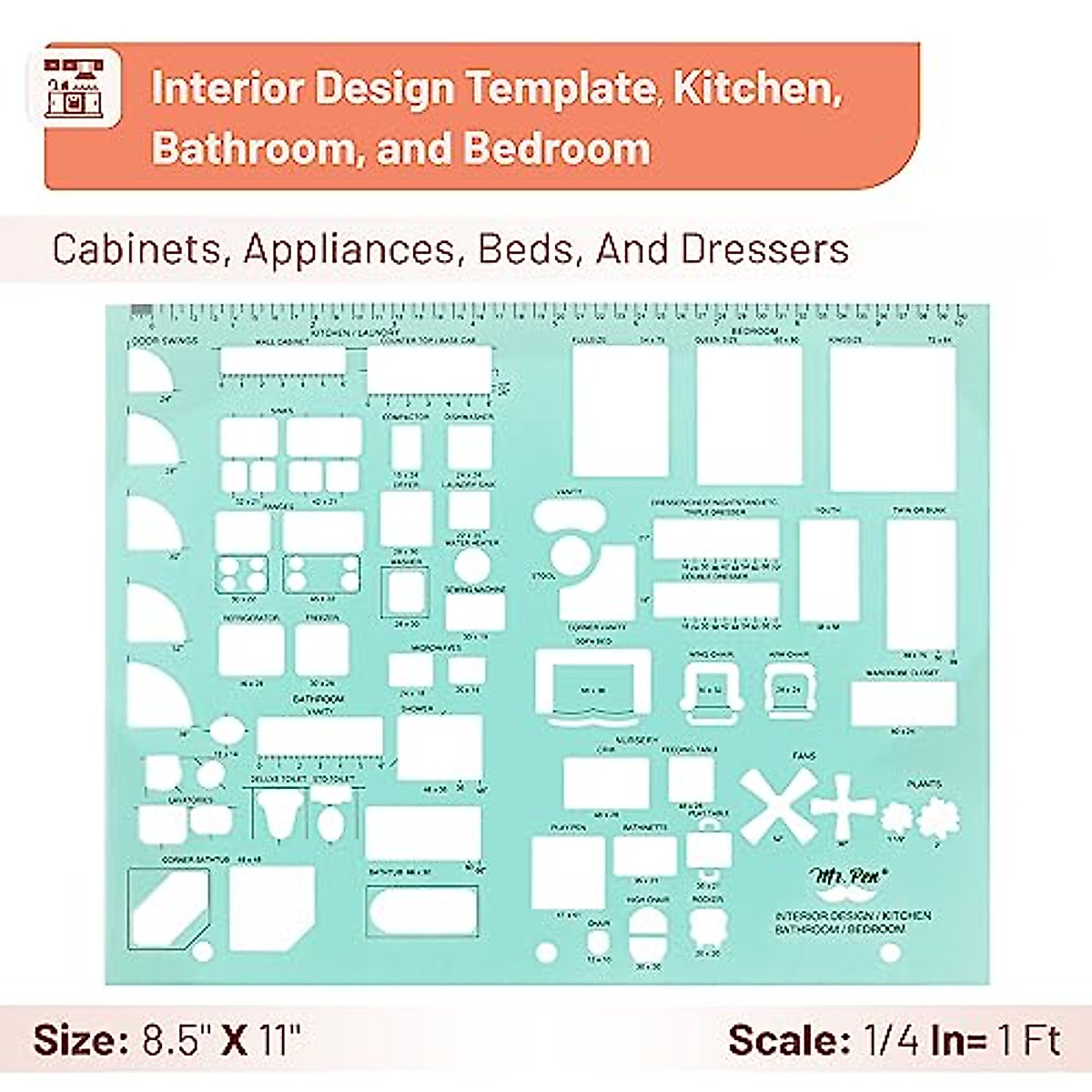 Mr. Pen- House Plan, 3 Pack, Green, Interior Design and Furniture Templates, Drafting Tools and Ruler Shapes for Architecture, Drafting Tools, Architecture Supplies, Drafting Templates