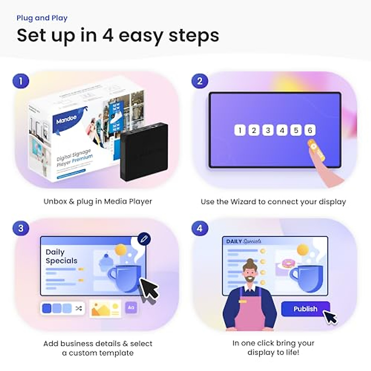 Mandoe Essentials Digital Signage Displays - Digital Signage Player for Digital Menu Board, Electronic Menu Board and Digital Message Board. World-Class Templates & Easy To Use Setup
