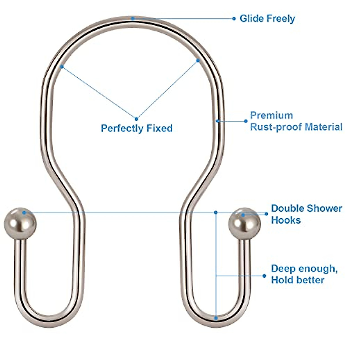 24 Pack Double Shower Curtain Hooks Rings, TENOVEL Double Sided Shower Curtain Hooks Rust Proof for Shower Curtain, Stainless Steel Bathroom Shower Hangers Rings for Shower Rods, Brushed Nickel