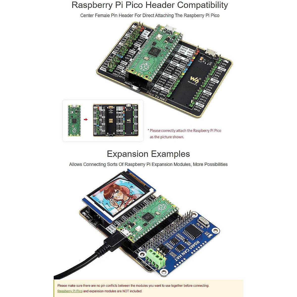 Waveshare GPIO Expander for Raspberry Pi Pico 1x Raspberry Pi Standard 40PIN 1x Pico 2×20PIN Header