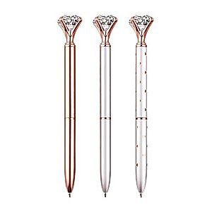 3 PCS Bling Big Crystal Diamond Ballpoint Pen Metal Ballpoint Pens for Office Supplies Gift, Rose Gold/Silver/White With Rose Polka Dots/, Includes 3 Pen Refills