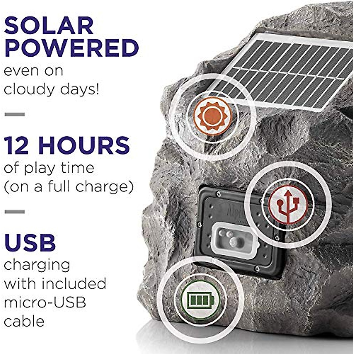 Alpine Corporation - Waterproof Bluetooth Solar-Powered Outdoor Wireless Rock Speaker – 50 Foot Range - Weatherproof, High-Fidelity Sound, Energy Efficient Solar Charging, Portable Audio System (Gray)