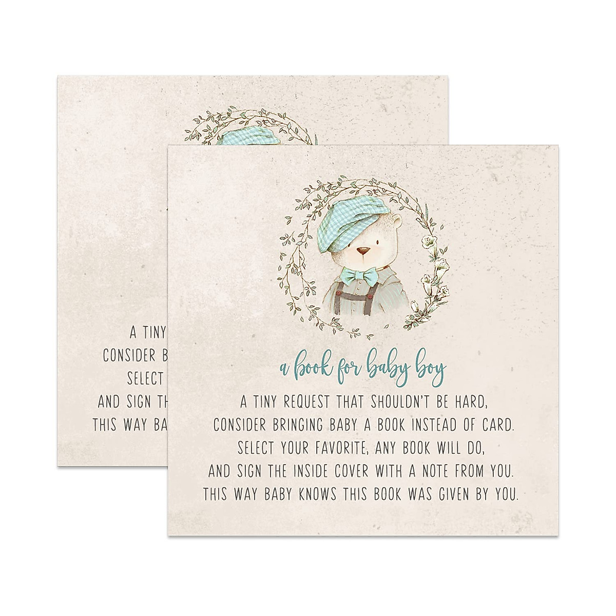Paper Clever Party Teddy Bear Bring a Book Cards for Baby Shower (25 Pack) Boys Invitation Insert for Bow Tie Parties – Rustic Greenery Theme Blue – 4x4 Printed Card Set