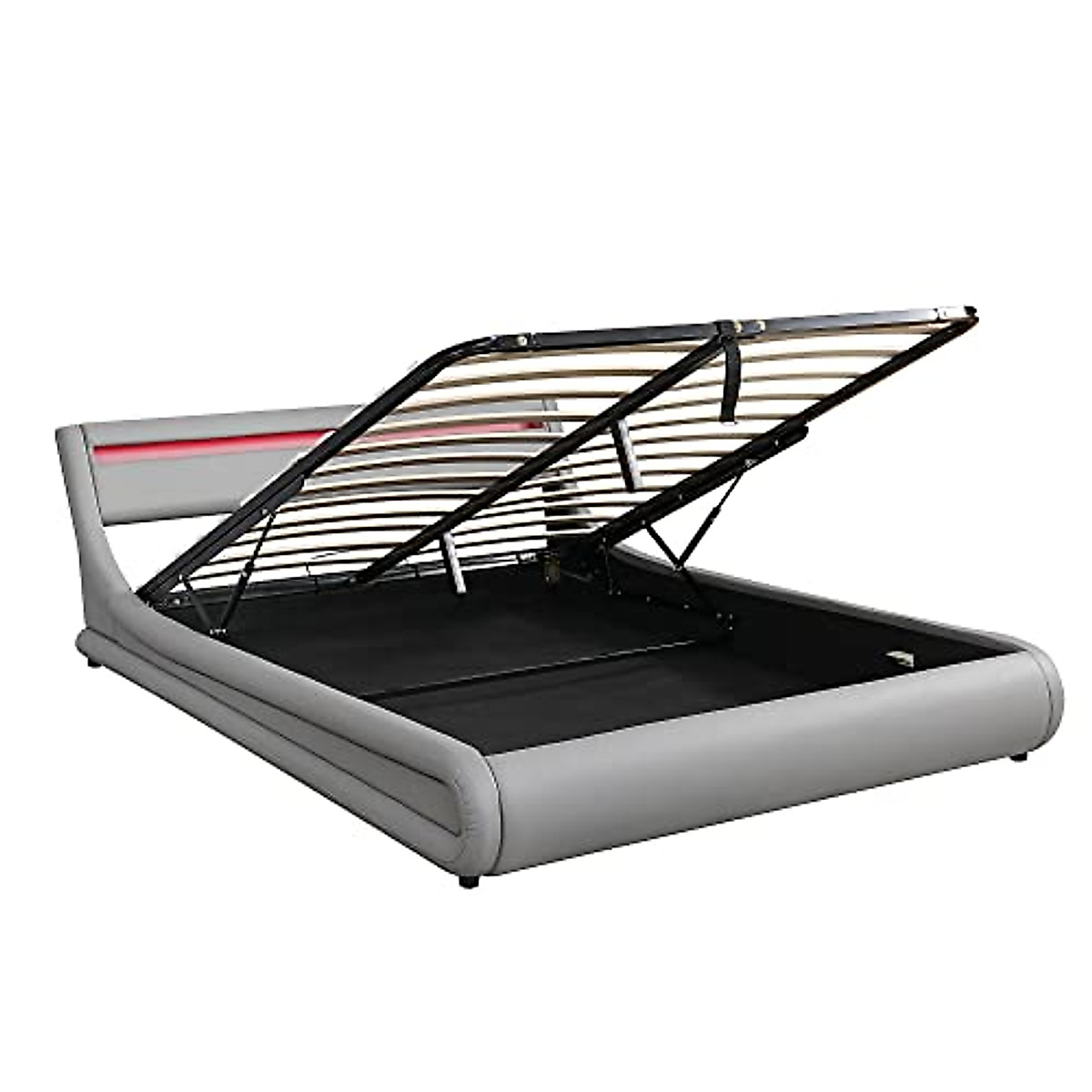Tensun Queen Size Upholstered Faux Leather Platform Bed with a Hydraulic Storage System, with LED Light Headboard, Bed Frame with Slatted, Easy Assembly, No Box Spring Needed, for Adult, Kids,Grey