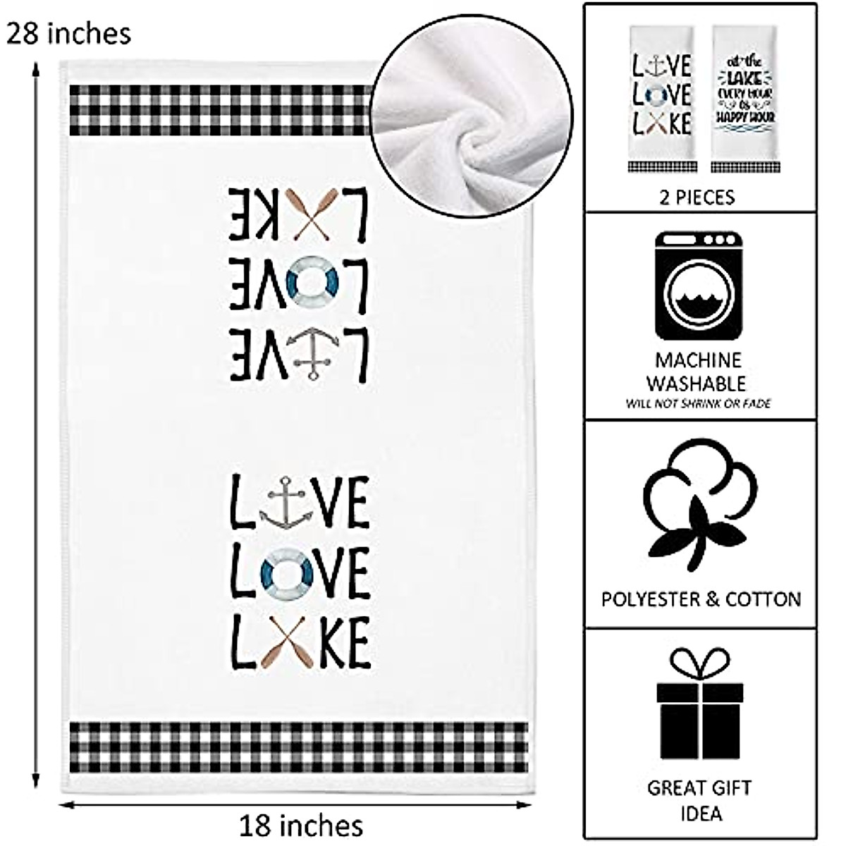 Seliem Live Love Lake House Kitchen Dish Towel Set of 2, Black White Buffalo Plaid Check Anchor Paddle Tea Bar Hand Drying Cloth, Spring Summer Farmhouse Happy Hour Decor Sign Home Decorations 18 x 28