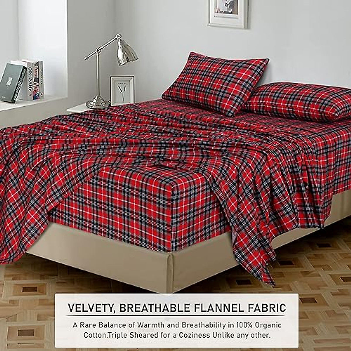 RUVANTI Flannel Sheets Queen Size - 100% Cotton Brushed Flannel Bed Sheet Sets - Deep Pockets 16 Inches (fits up to 18") - All Seasons Breathable & Super Soft - Warm & Cozy - 4 Pcs - Red Plaid