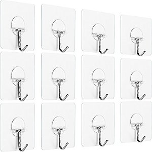 Anwenk 12Pack Wall Hooks Adhesive Wall Hanging Hooks Stick On Hooks Ceiling Hanger Damage Free Hanging Reusable Waterproof for Home Bathroom Kitchen Refrigerator Door Keys Bags,Clear- Promotion