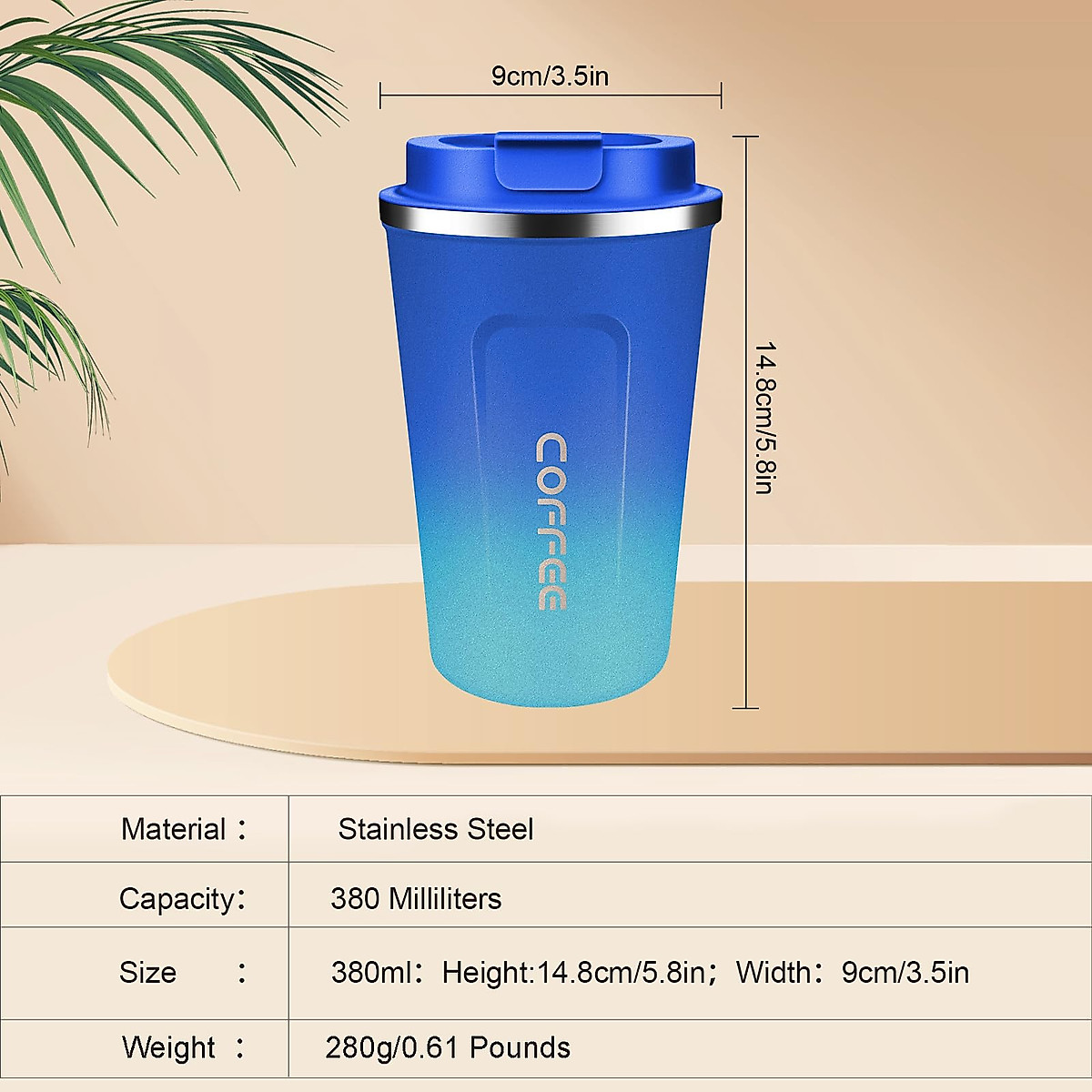 JTRYEMU Travel Mug 12 oz Insulated Coffee Cup with Lid, Reusable Leak Proof Tumbler, Stainless Steel Vacuum Gradient Colorful Thermos Cup, Thermal Keeps Cold and Hot for Coffee/Tea