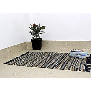 COTTON CRAFT Leather Chindi Area Rug - Boho Farmhouse Rustic Accent Rug - Handwoven Reversible Natural Recycled Leather Throw Rug - Entryway Living Room Dorm Study Gift - 3'x5' - Grey Ivory Multicolor