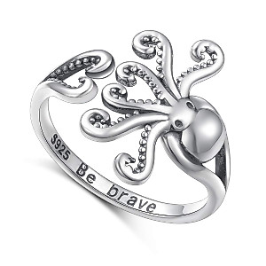 Sea Jewelry S925 Sterling Silver Octopus Ring New Pirate Octopus Tentacles Black Opening Ring Cute Sea Animal Ring for Women,Oxidized ring 10