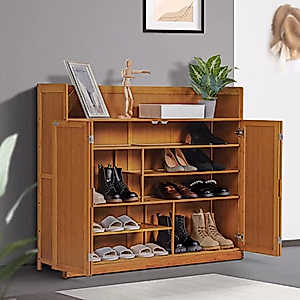 MoNiBloom 5 Tier Bamboo Shoe Cabinet with Doors, Bamboo Free Standing Shoe Shelf Organizer Storage w/High Baffle for 21-25 Pairs Entryway Hallway Office Home, Brown