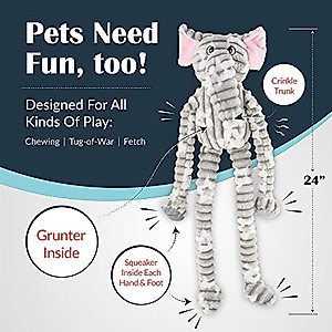 Flourish Pets 3 in 1 Multi-Layer Chew Toy for Active Dogs | Non-Toxic BPA Free Double Stitched Soft Fabric Exterior Dog Toys | Long-Lasting Dog Plush Toys - Long Leg Ellie Elephant (24″)