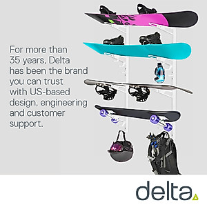 4-Tier Snowboard Wall Mount Rack by Delta Cycle - Extendable Ski Rack Wall Shelf with Integrated Accessory Hooks for Helmets and Poles - Space-Saving Storage, Durable Design - Hardware Included