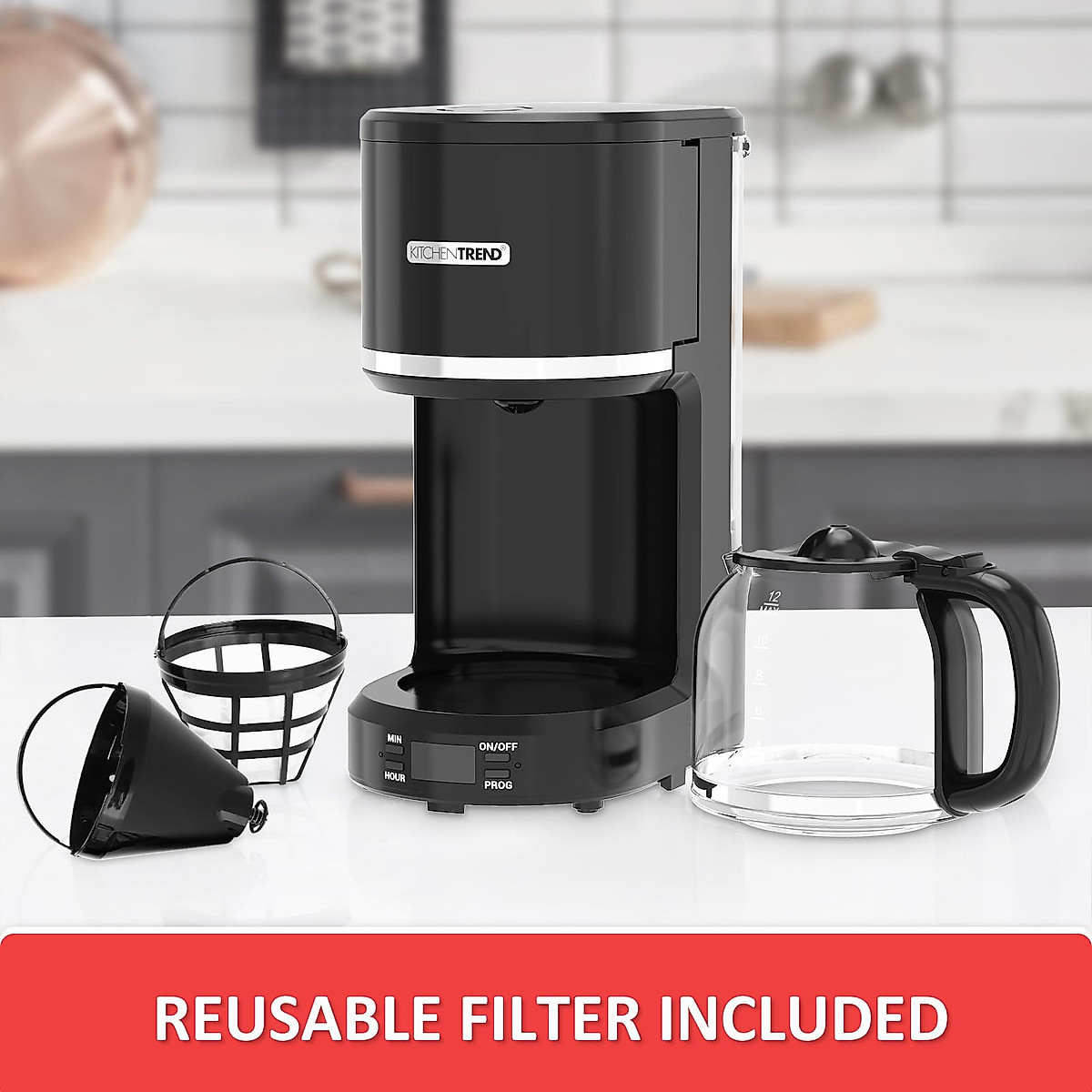 KITCHENTREND 12-Cup Programmable Coffee Maker with Permanent Filter, Removable Water Reservoir Coffee Machine, Drip Coffee Maker, Delay Brew, Timer & Keep Warm, Swing Open Brew Basket, Black