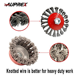 AUPREX 4 Pack Wire Wheel Brush for Angle Grinder, 4 Inch Angle Grinder Wire Wheel Set, 3 Inch Wire Cup Brush for 4 1/2 Angle Grinder, 5/8”-11 Thread Arbor, Twist Knotted Coarse Crimped Wire Brush Set