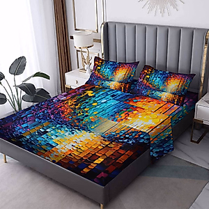 Colorful Sheets Full Size, Psychedelic Bed Sheets, Patterned Bedding Sheets & Pillowcases 4 Piece Set - Soft Microfiber Deep Pocket Fitted Sheet & Flat Sheet & 2 Pillow Cases 3Q&-659