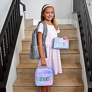 FROG SAC Kids Lunch Bag for Girls, Reusable Insulated Preppy Tie Dye Glitter Varsity Letter Patch Lunch Box, Cute Soft Back to School Tween Lunchbox