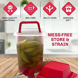 Mwnxia Chilero Jalapenos Jalapeños Pickle Storage Container with Strainer | Pickle Jar with Lifter | BPA-Free Complete with Tong (Red)