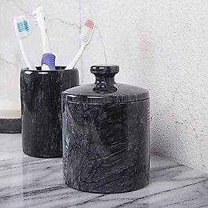Creative Home Natural Black Marble SPA Collection Cotton Ball Swab Holder, Bathroom Makeup Storage Jar Container Organizer, 3.8" Diam. x 5.2" H, Black