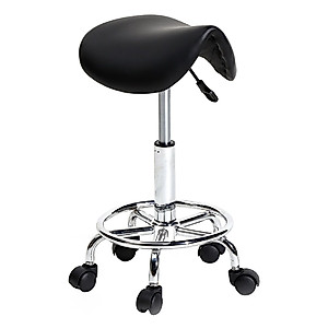 WEI WEI GLOBAL Adjustable Spa Stool, PU Leather Cushioned Salon Seat, Rolling Swivel Office Chair, Massage Barber Stool on Wheels for Drafting Tattoo Beauty Facial Spa (Saddle, Black)