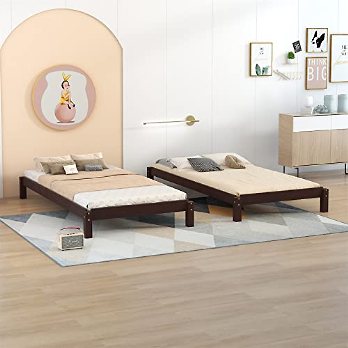 Solid Platform Bed Twin Size Wood Stackable Twin Beds with Wooden Slats Convertible Floorbed Frame Without Headboard for Kids Girls Boys Teens, No Box Spring Needed – Two Beds Set, Walnut