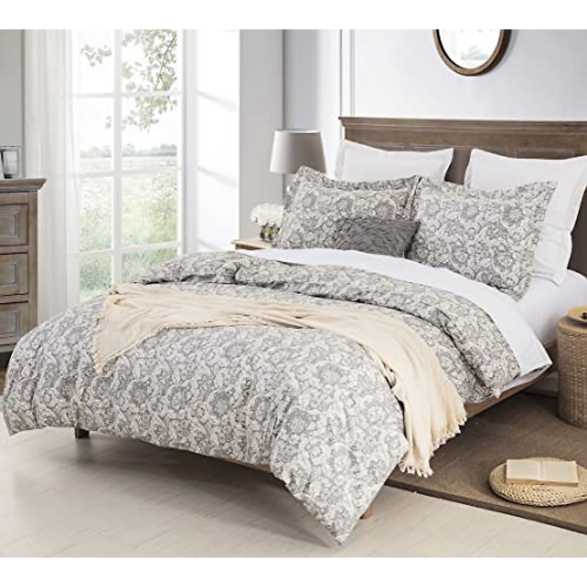 DAUAOTO Twin XL 68"X92" Duvet Cover Set, Cotton Farmhouse Print Bedding for Twin Extra Long Bed, Gray Paisley Pattern