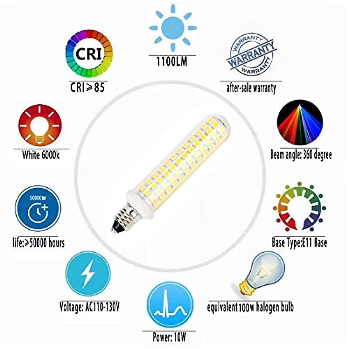 New Upgrade -E11 led Bulb,125 LEDs 100W 120W Halogen Bulbs Equivalent, 10w 1100lm, E11 Mini Candelabra Base White 6000k,AC 110V/130V,JD T3 T4 Bulb (2 Packs)