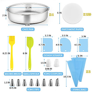 E-far 6 Inch Cake Pans Set of 4, Stainless Steel Round Baking Cake Pan Tins with Decorating Supplie Including Parchment Paper Icing Tips Spatula Scrapper, Non-toxic & Healthy, Dishwasher Safe
