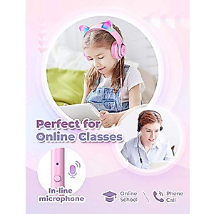 iClever Kids Headphones with Cat Ear Led Light Up, Safe Volume Limite Kids Wired Headphones with Microphone, FunShare Foldable Over-Ear Headphones for Kids/School/iPad/Tablet/Travel, Meow Donut-Pink