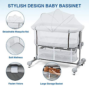 beiens Baby Bassinet 3 in 1, Baby Crib Bedside Sleeper with Detachable Mosquito Net, 6 Height Adjustable Easy Folding Bedside Bassinet Portable Nursery Bed for Infant, Newborn, Baby Boys & Girls