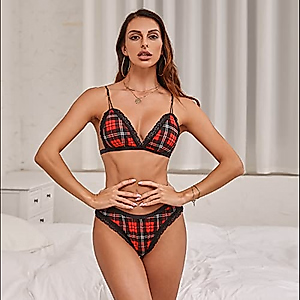 SweatyRocks Women's Plaid Lace Trim Lingerie Set Strappy Bralettes with Panty