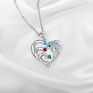 JewelOra Gifts for Mom Personalized Dolphin Necklace Customized Heart Necklace with Simulated Birthstone Engraved Name Necklace Pendant for Women Mom Cute Dolphin Animal Jewelry Gift(3 name)