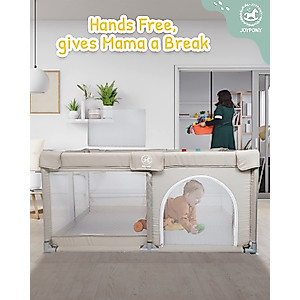 Joypony Baby Playpen, (50x50x27inch) Large Playpen for Babies and Toddlers, Sturdy Safety Play Yard for Infant, Indoor & Outdoor Play Pen with Gate, Baby Fence with Soft Breathable Mesh, Hand Rings