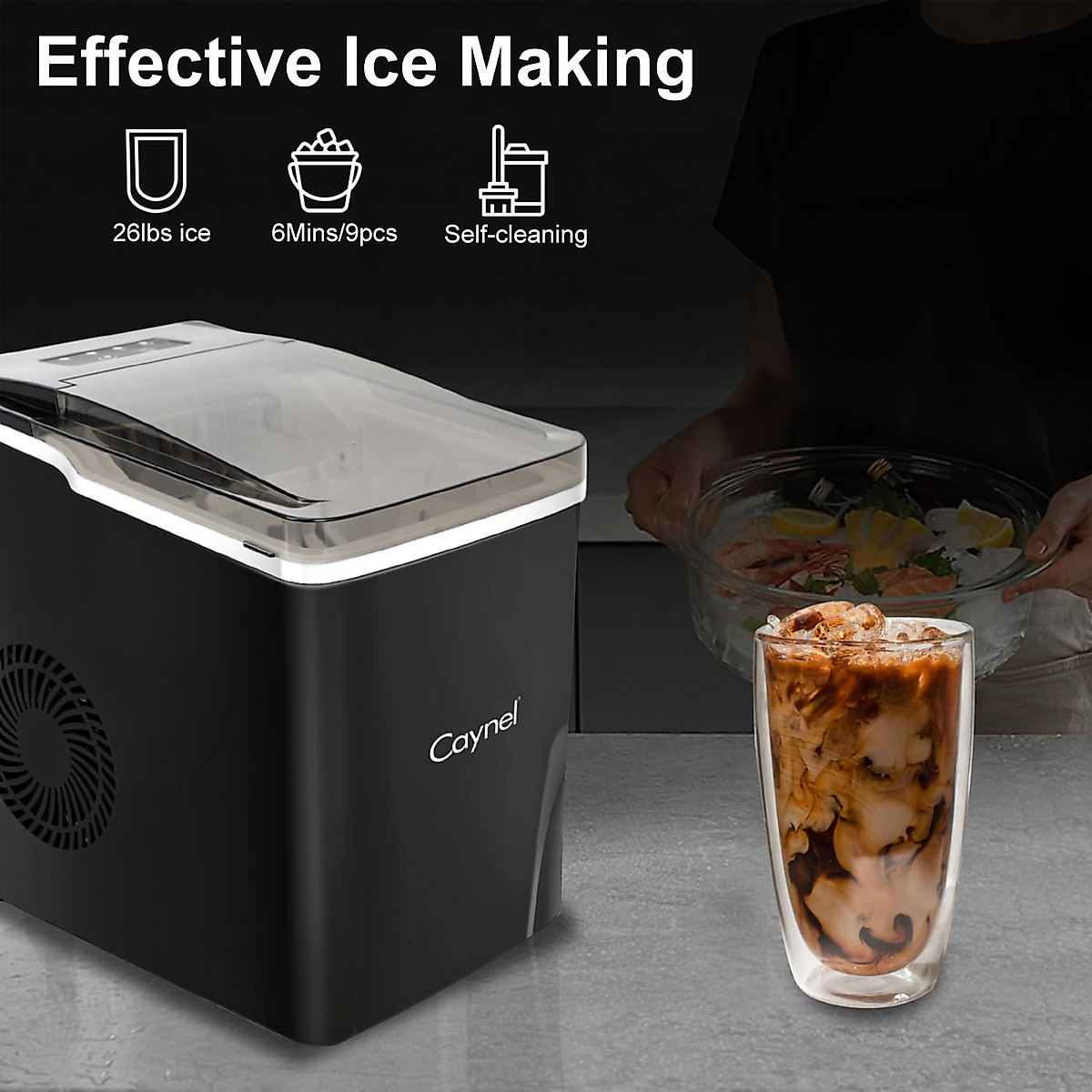 Ice Maker Countertop–9 Ice Cubes Ready in 6 Mins - 26LBS/24Hrs, One-Click Operation Compact Portable Ice Cube Maker with Ice Scoop/Basket for Home/Kitchen/Office/Bar