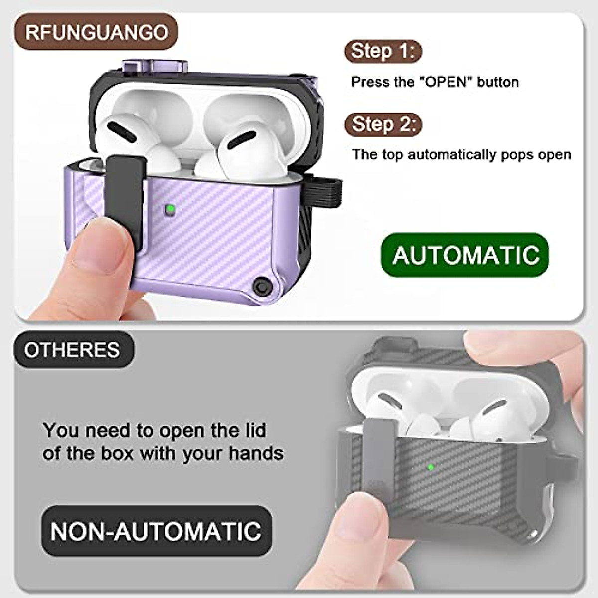 RFUNGUANGO for AirPods Pro 2nd /1st Generation Case Cover, Automatic Pop-up Carbon Fiber Case with Secure Lock Clip, Full Body Shockproof Hard Shell Protective Case for AirPods Pro 2022/2019- Purple